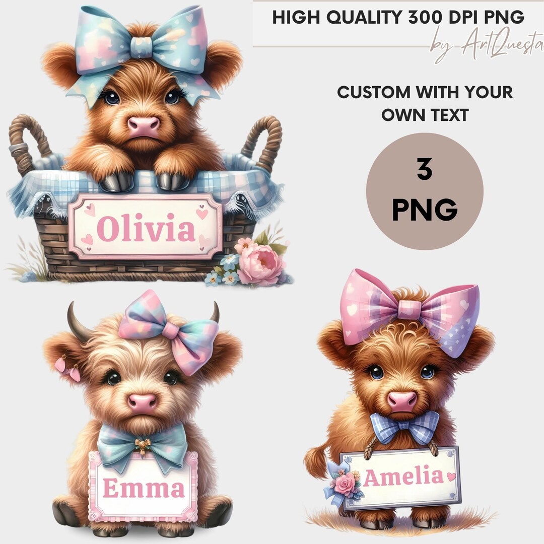 Highland Cow PNG, Pastel Bow Cow Clipart, Editable Name Plate PNG, Cute ...