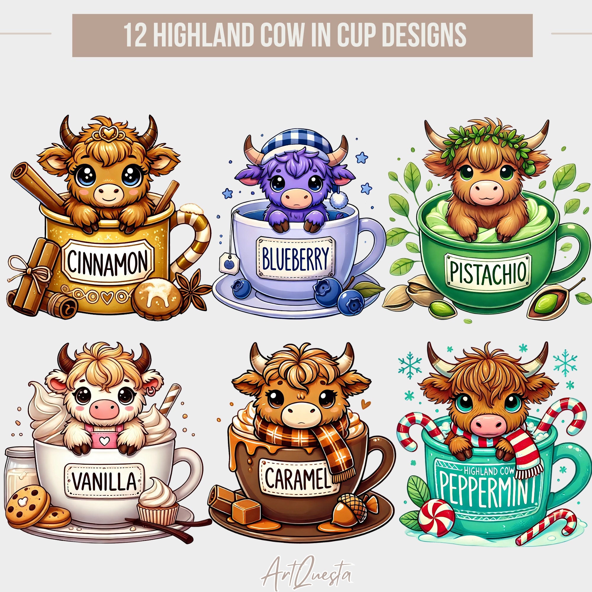 Highland Cow in Cup Clipart PNG Set, Cute Cow Coffee Clipart, Teacup ...