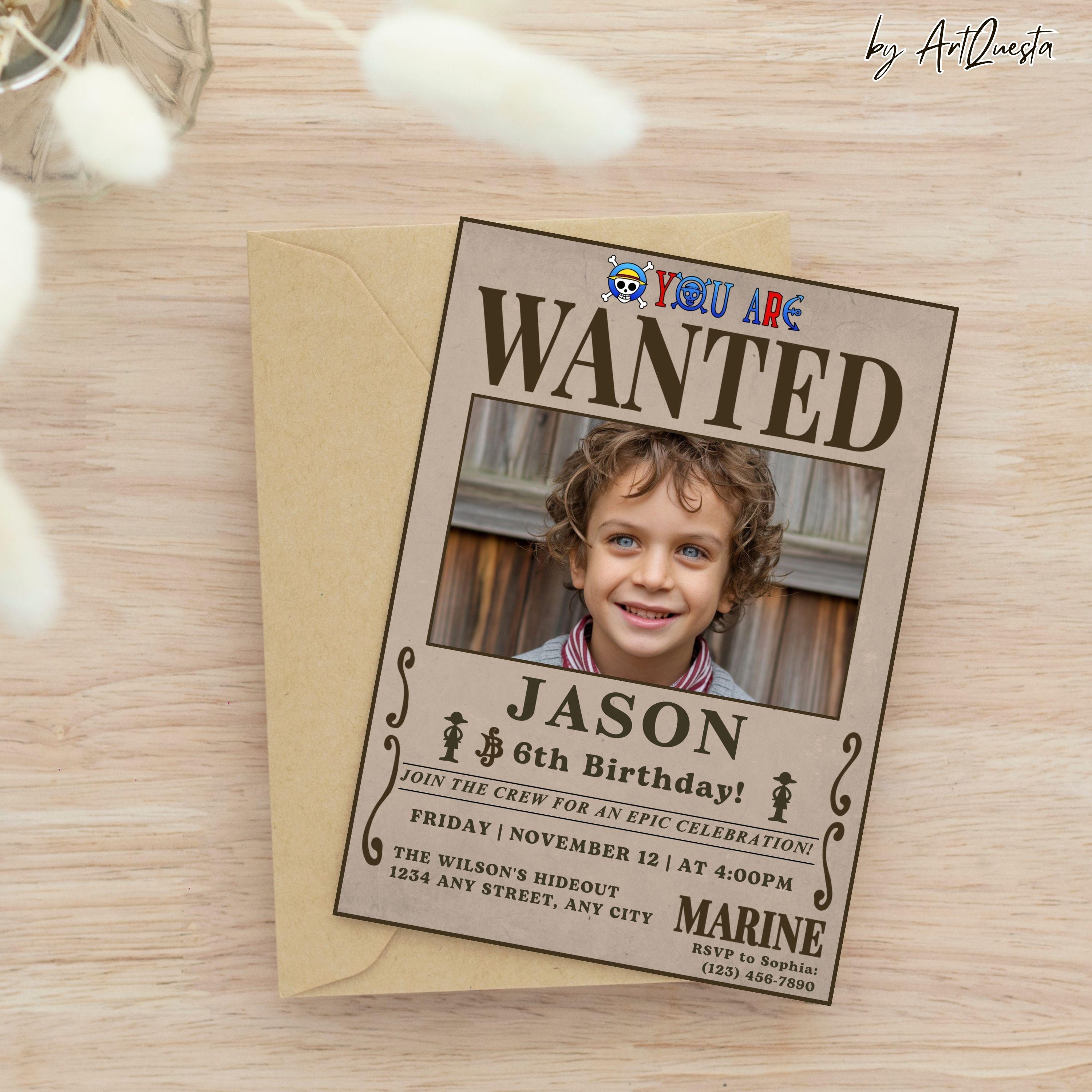 Wanted Poster Birthday Invitation, Pirate Anime Birthday Invite ...