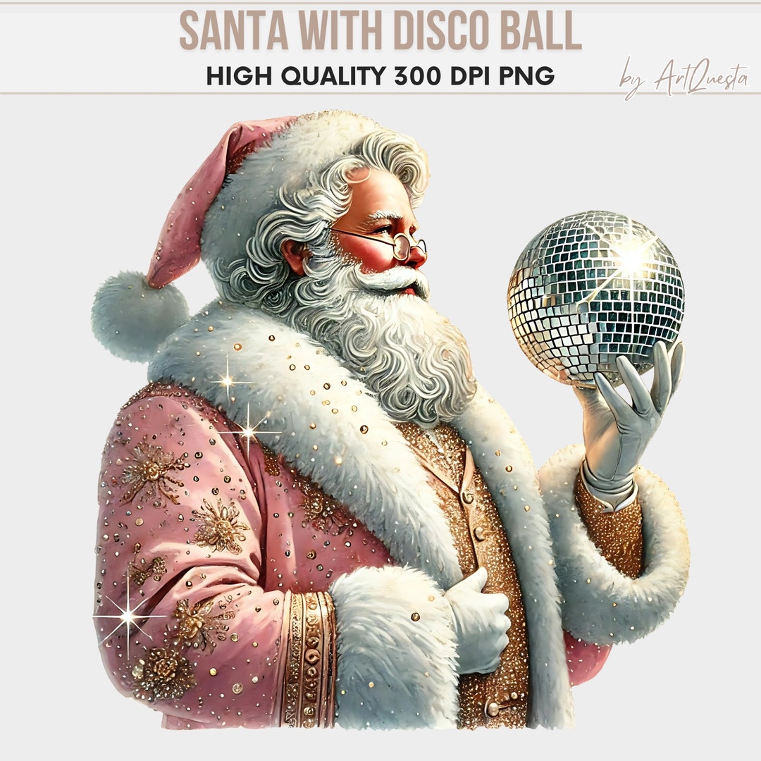 Santa With Disco Ball PNG, Retro Christmas Santa Illustration, Festive ...