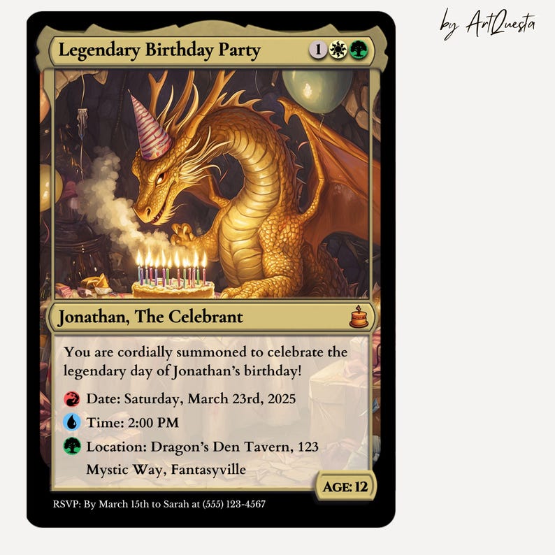 MTG Birthday Invitation Template, Editable MTG Style Card, Dragon Theme ...
