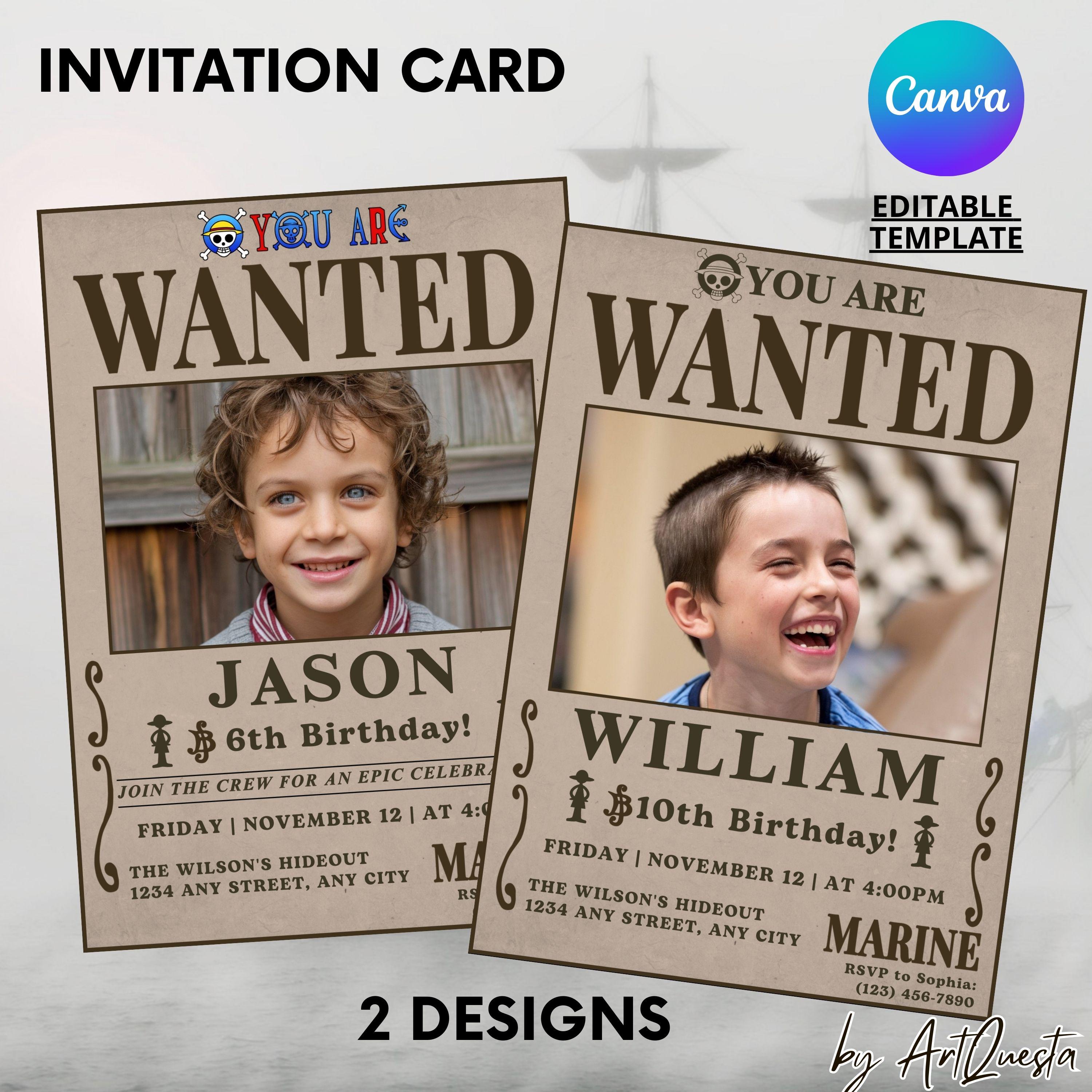 Wanted Poster Birthday Invitation, Pirate Anime Birthday Invite ...