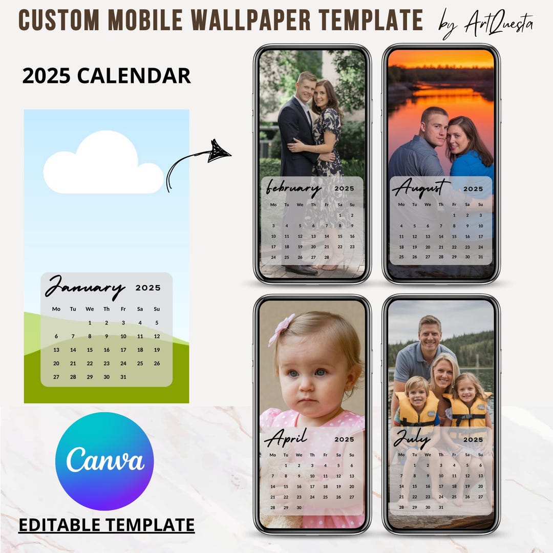 Custom Mobile Wallpaper Calendar Template 2025, Editable Canva Design ...