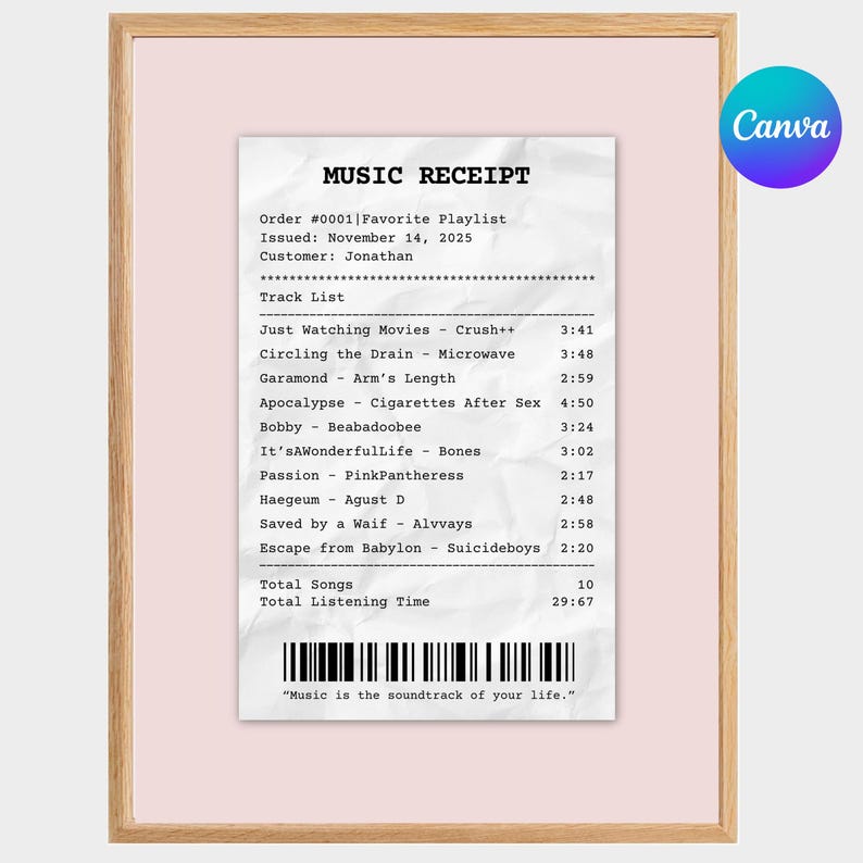 Editable Music Receipt Template, Custom Song Playlist Poster ...