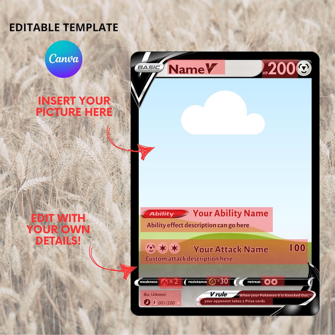 Custom Pokemon Card Template, Editable Pokémon Card V Canva Template ...