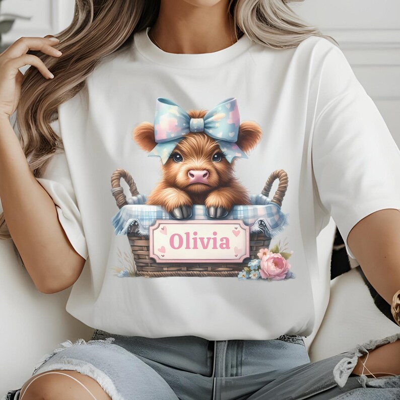 Highland Cow PNG, Pastel Bow Cow Clipart, Editable Name Plate PNG, Cute ...