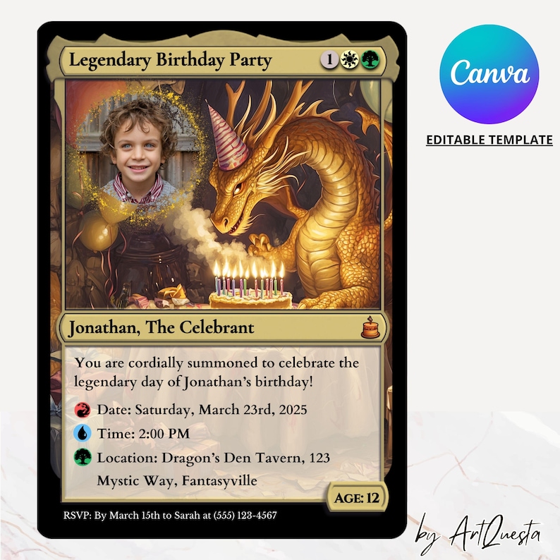 MTG Birthday Invitation Template, Editable MTG Style Card, Dragon Theme ...