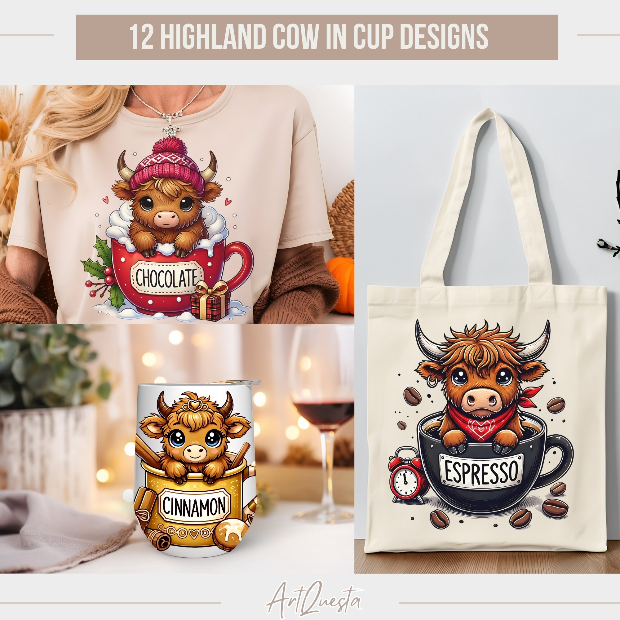 Highland Cow in Cup Clipart PNG Set, Cute Cow Coffee Clipart, Teacup ...