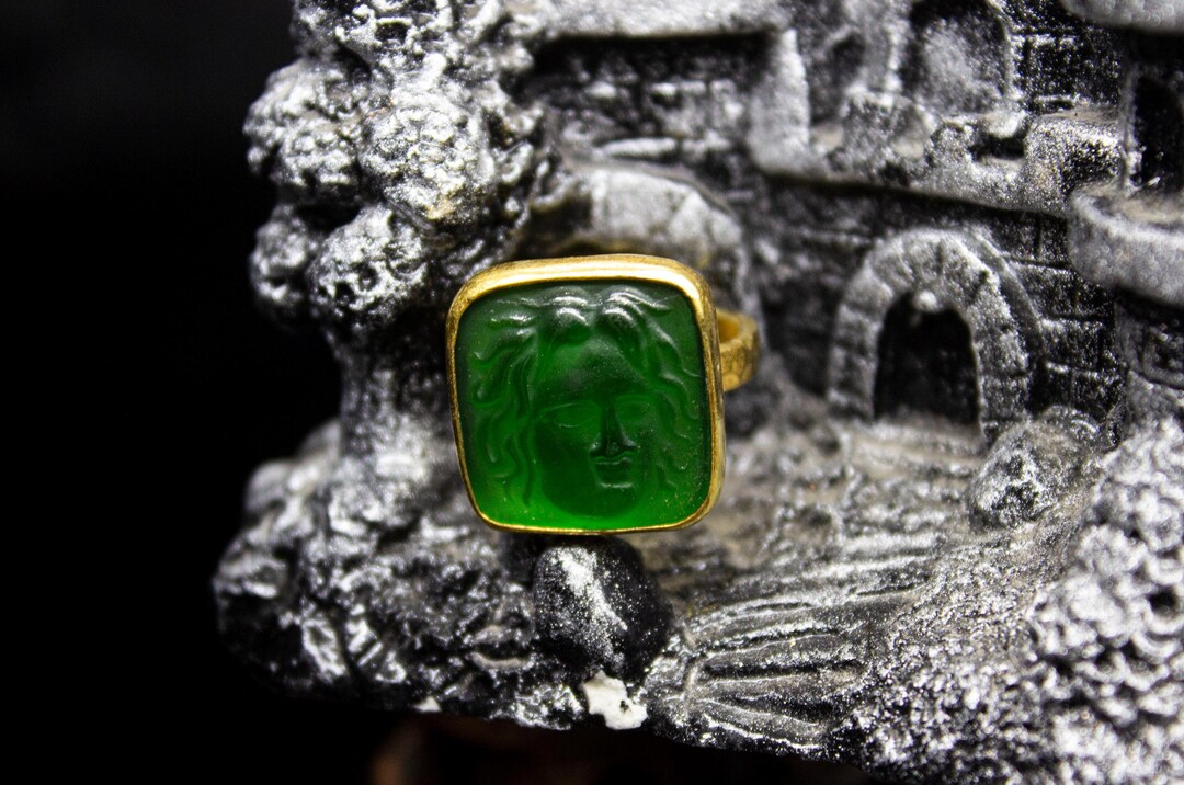 Ancient Greek Apollo Green Intaglio Glass Ring - 24K Gold Plated ...