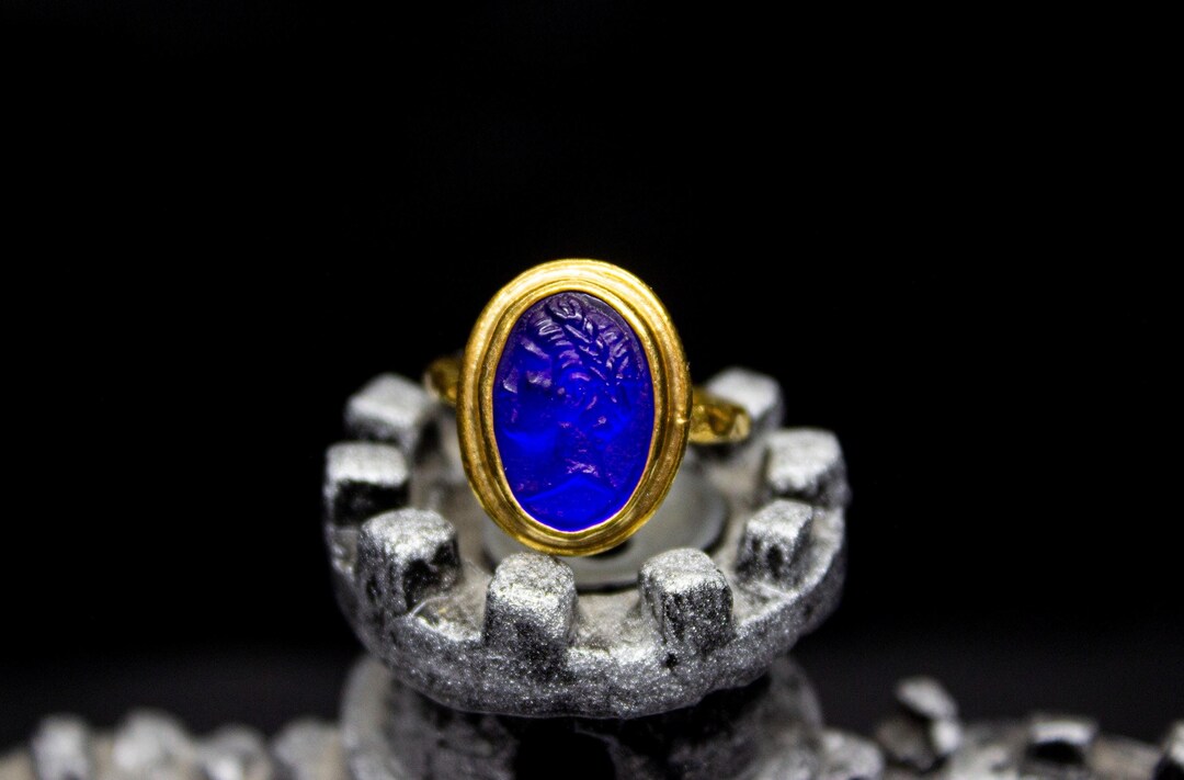 Jul Caesar Blue Glass Intaglio Handmade Ring - 925K Sterling Silver ...