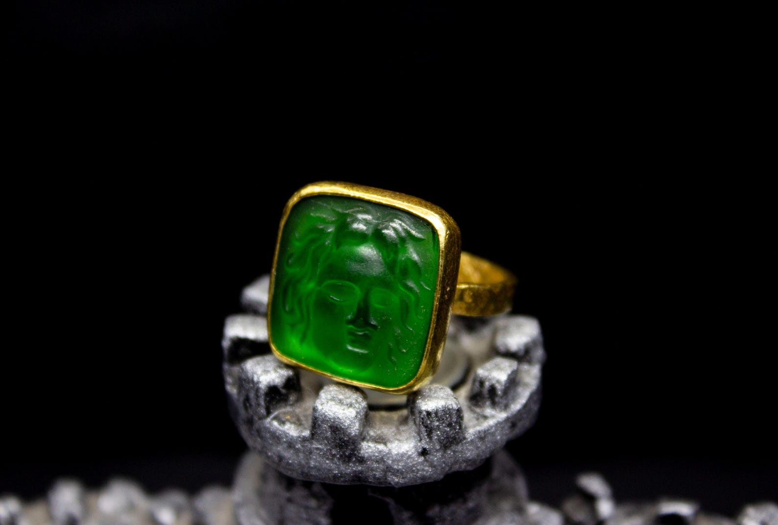 Handmade Apollo Green Glass Intaglio Ring – 24K Gold Plated Sterling ...