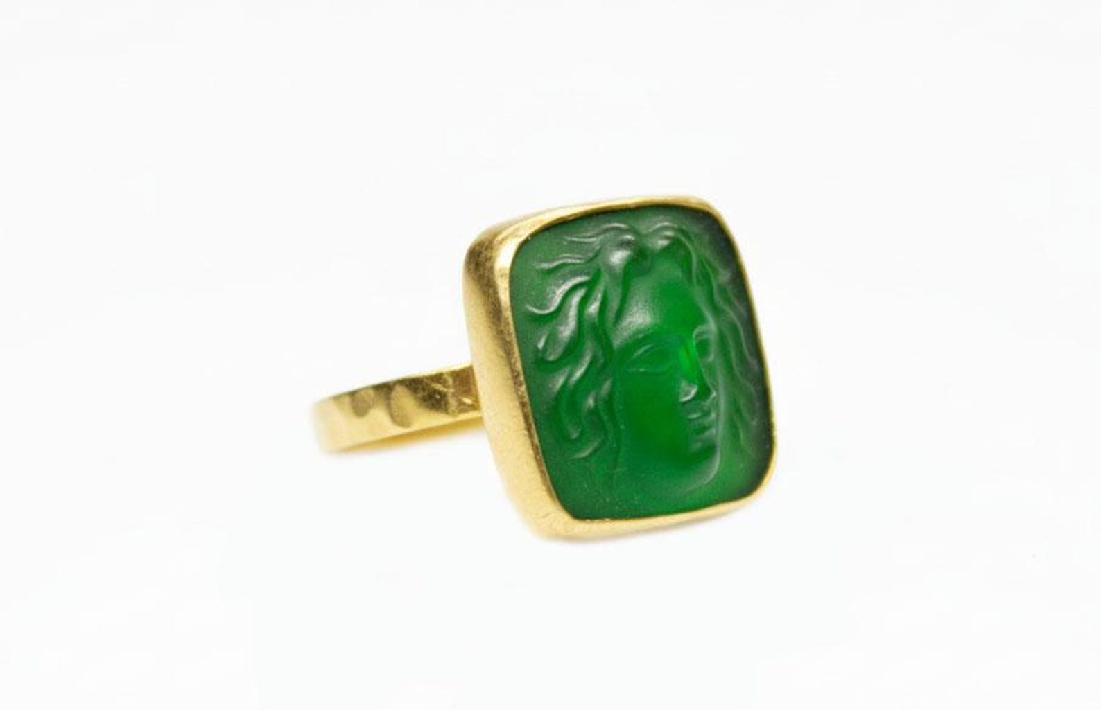 Handmade Apollo Green Glass Intaglio Ring – 24K Gold Plated Sterling ...