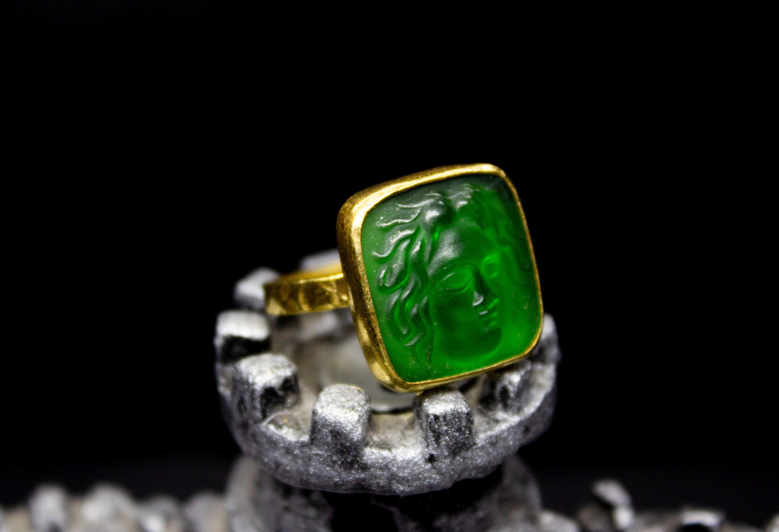 Handmade Apollo Green Glass Intaglio Ring – 24K Gold Plated Sterling ...
