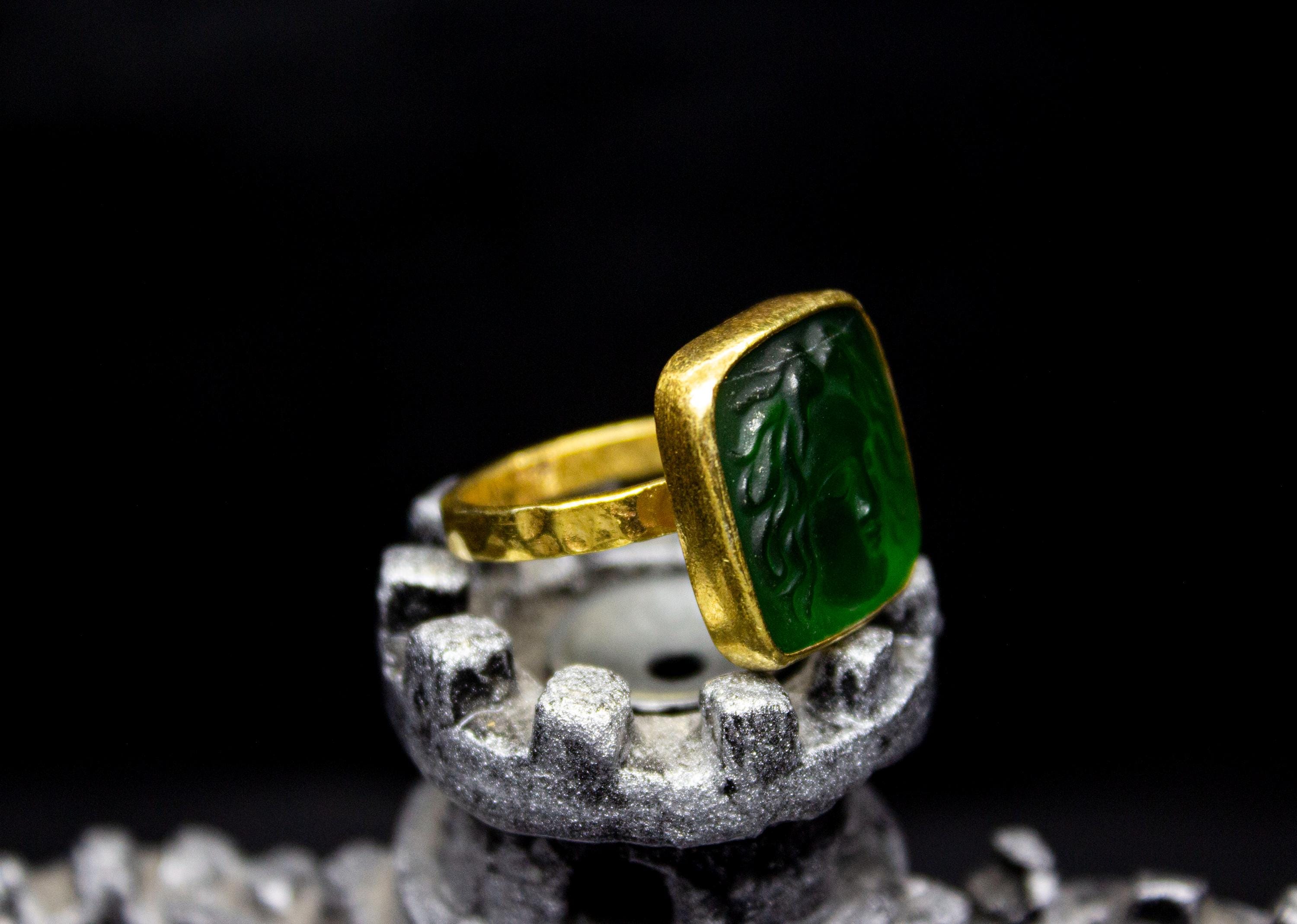 Handmade Apollo Green Glass Intaglio Ring – 24K Gold Plated Sterling ...