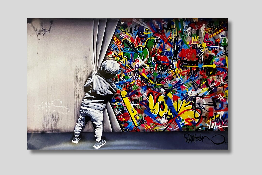 Banksy Child Stage Canvas, Child Pulling Back Curtain Poster, Banksy ...