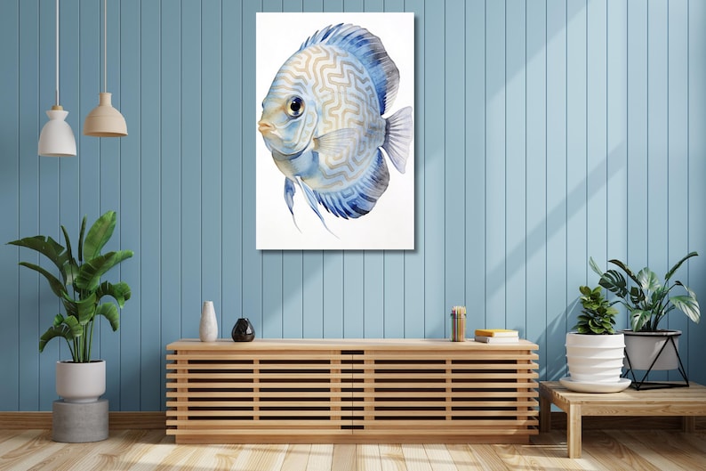 Blue Discus Fish, Watercolor Marine Life, Tropical Fish Decor, Nautical ...