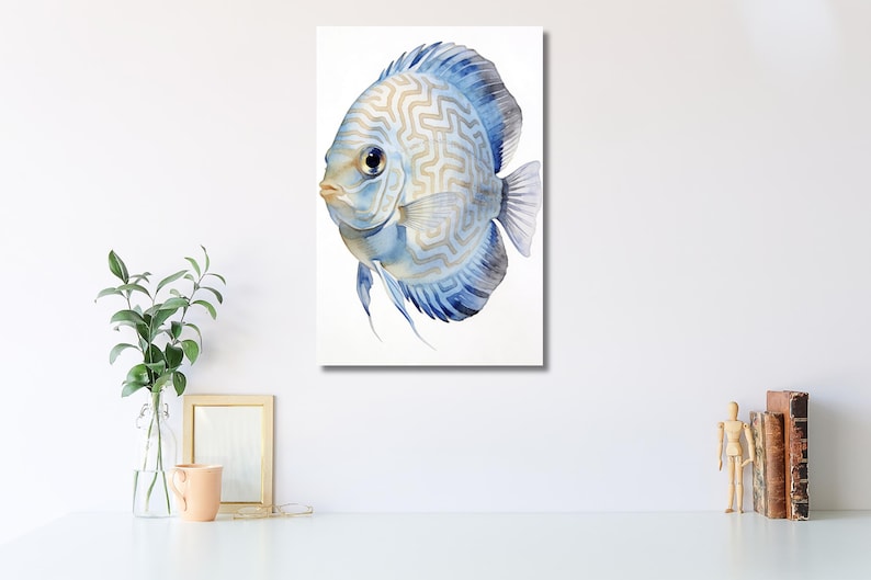Blue Discus Fish, Watercolor Marine Life, Tropical Fish Decor, Nautical ...