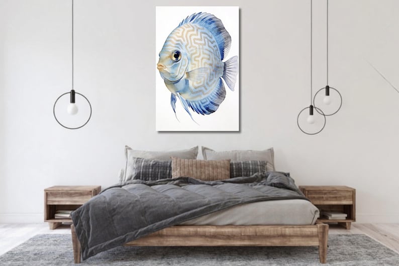 Blue Discus Fish, Watercolor Marine Life, Tropical Fish Decor, Nautical ...