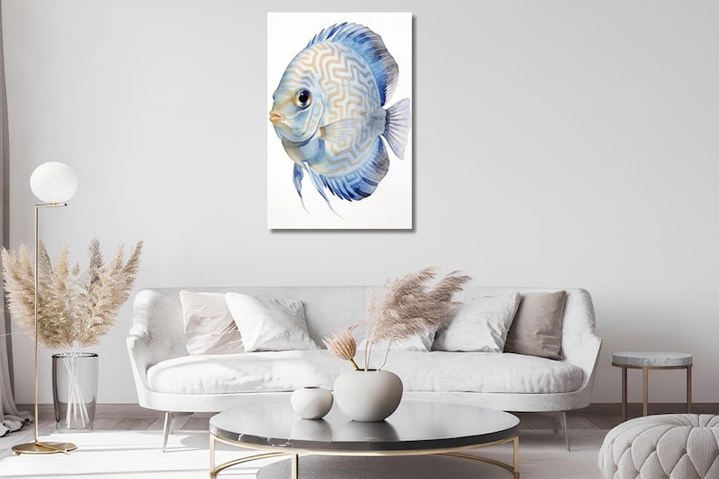 Blue Discus Fish, Watercolor Marine Life, Tropical Fish Decor, Nautical ...