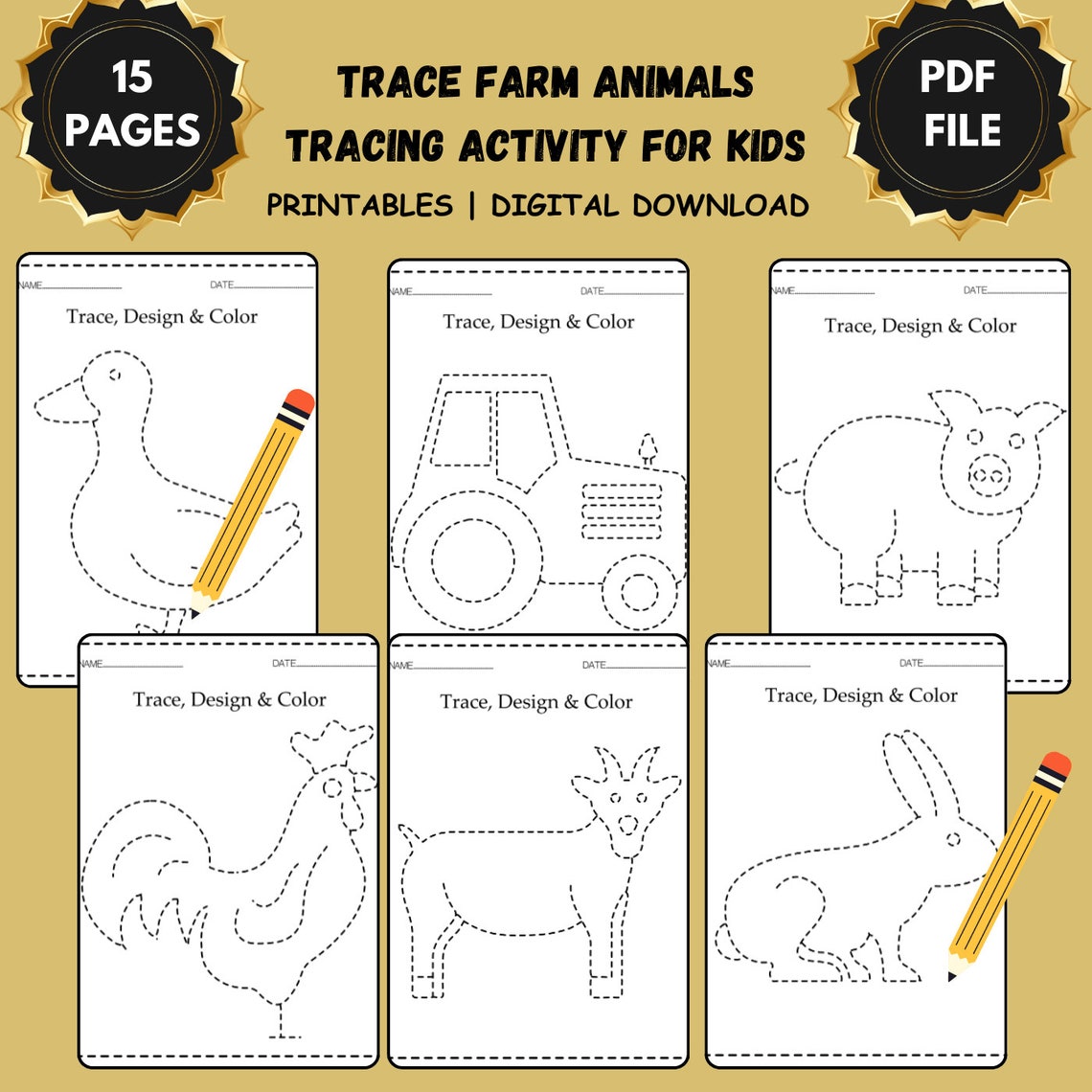 Learning to Trace Farm Animals Activity Printable Coloring for Kids ...