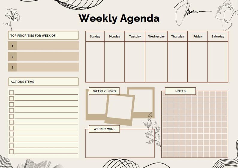 Minimalist Weekly Planner Printable Digital Agenda Abstract Weekly Task ...