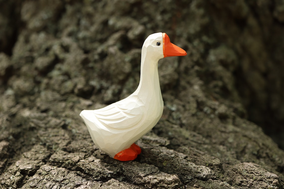 Handcrafted Wooden Goose Figurine – Charming White Goose Sculpture ...