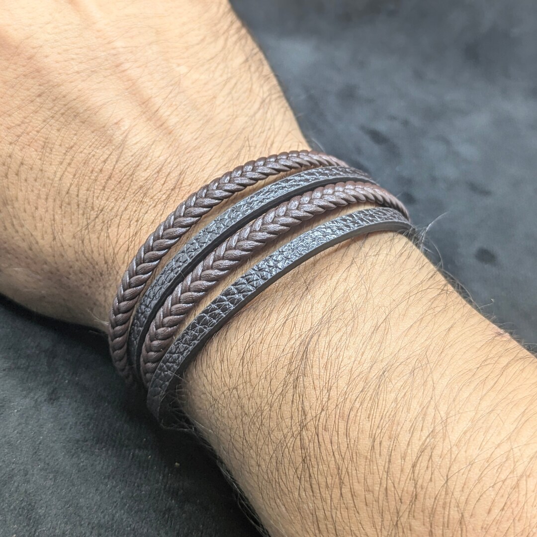 Brown Layered Quadrant Braided Leather Bracelet for Men, Urban Style ...