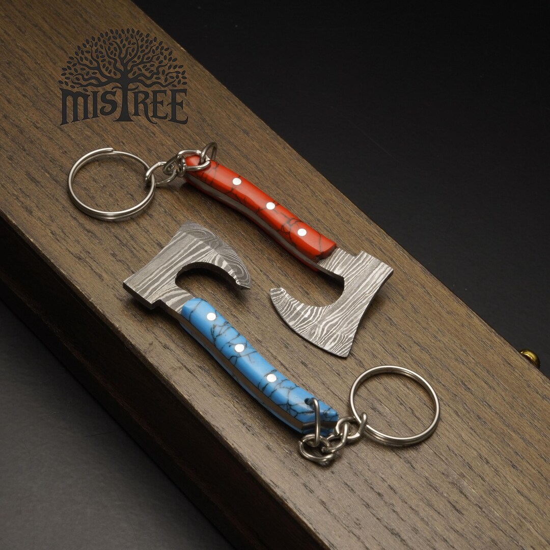 Hand Forged Damascus Mini Hatchet Keychain: Turquoise Stone, Leather ...