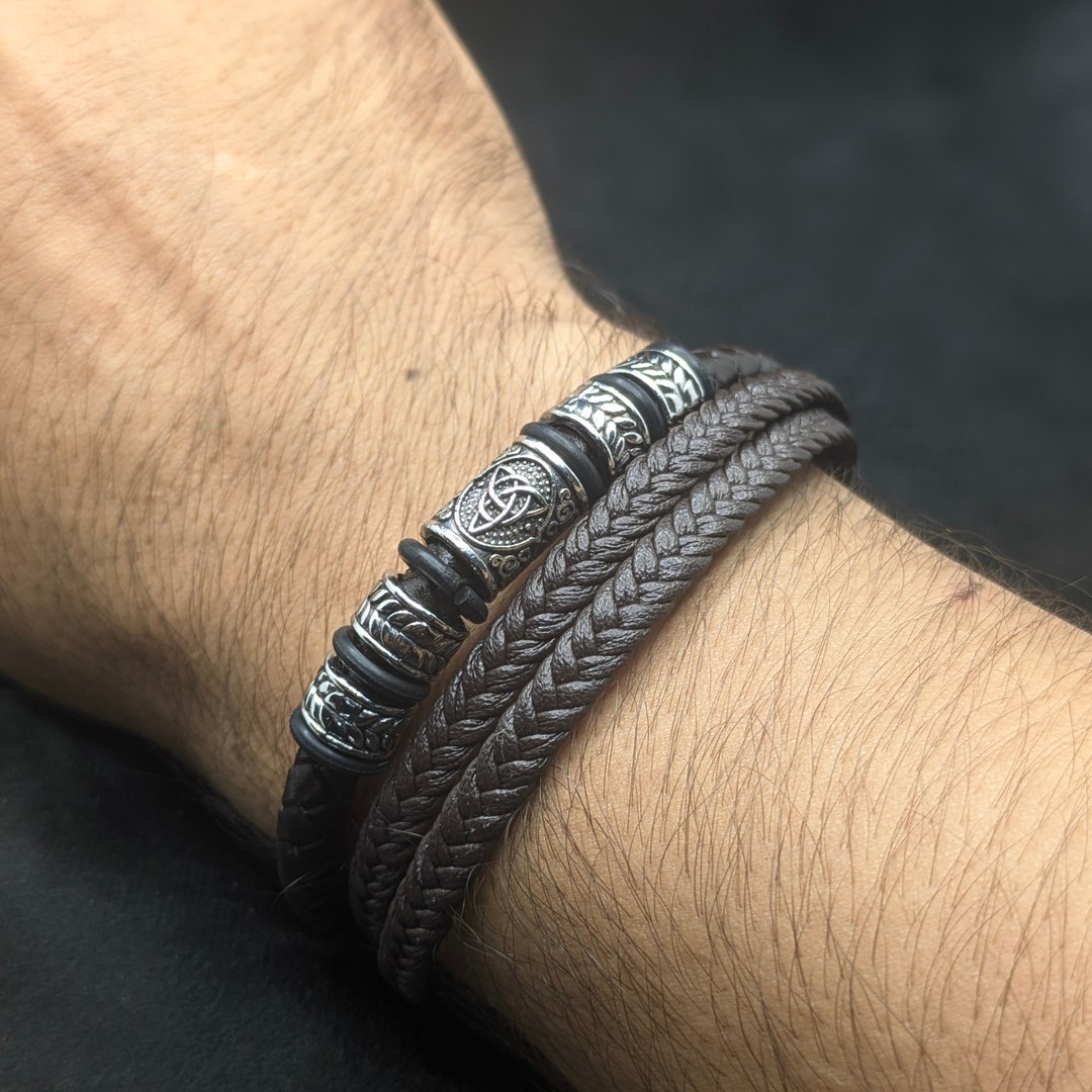 Brown Layered Viking Crown Leather Bracelet for Men, Viking Punk ...