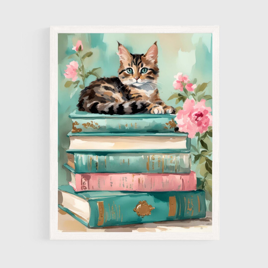 Whimsical Tabby Kitten Books Painting, Victorian Pink Library Reading ...