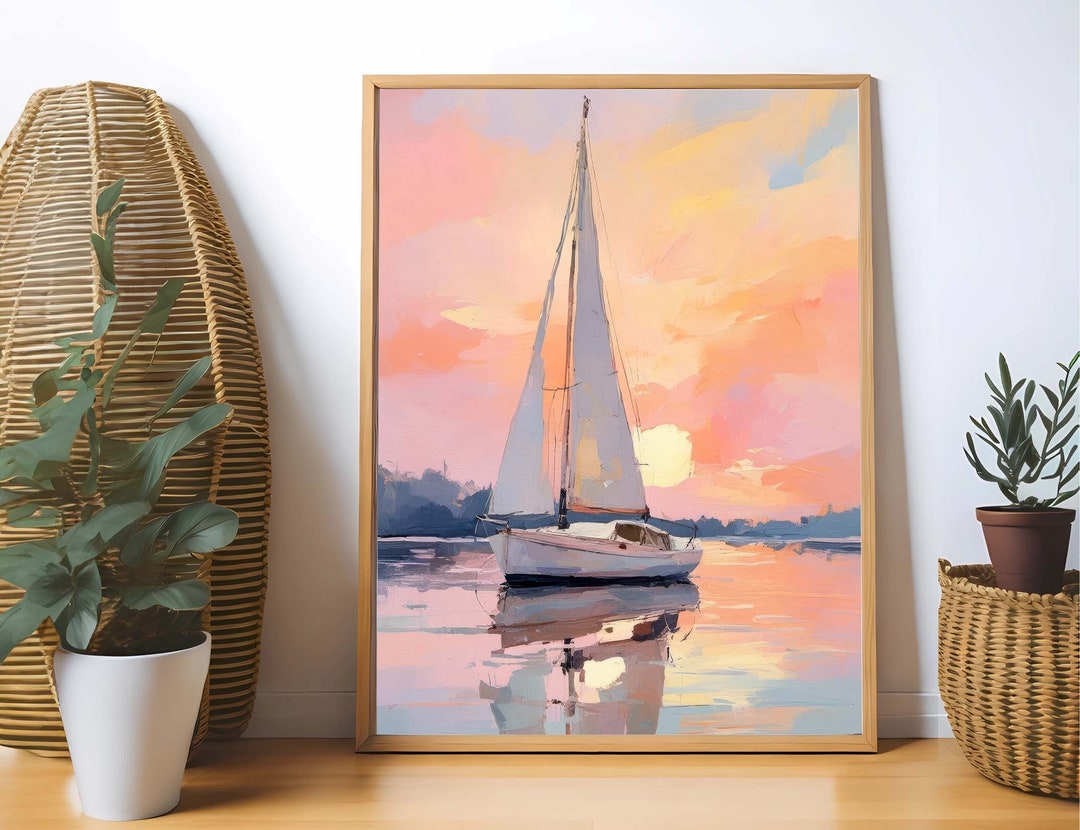 Pastel Sailboat Painting Orange Sunset | Colorful Coastal Print ...