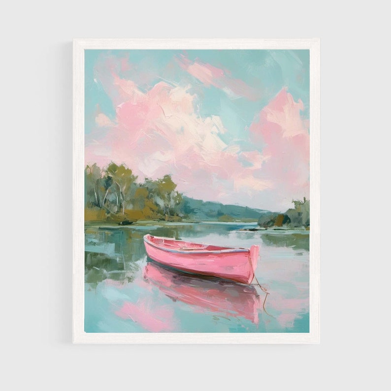Pink Row Boat Painting | Coastal Beach Art Print | Summer Beach House ...