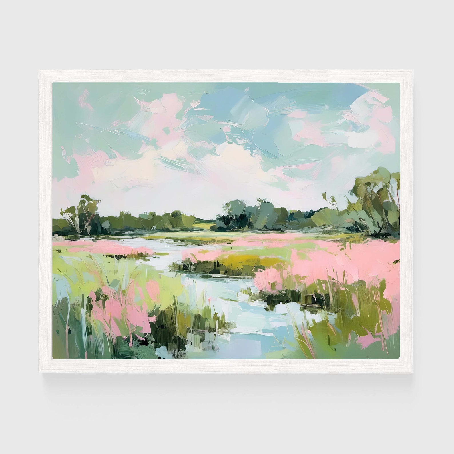 Blue Sky Marsh Painting | Pink Flowers River Landscape | Carolina ...