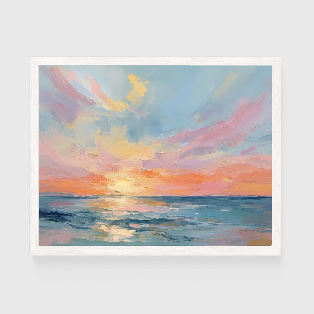 Pastel Ocean Seascape Oil Painting Print | Orange Coastal Sunset ...
