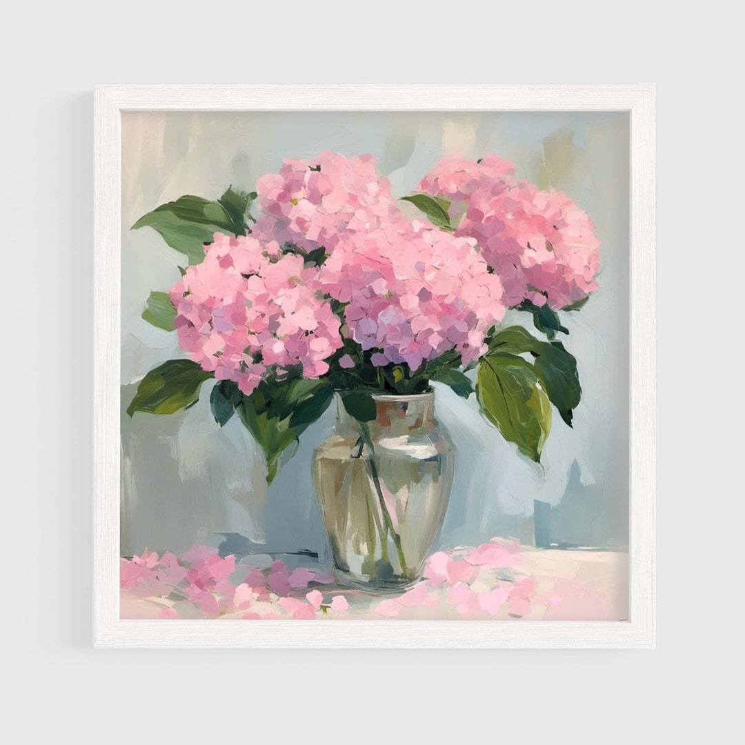 Pink Hydrangea Painting | Grand Millennial Pink Floral Wall Art Print ...