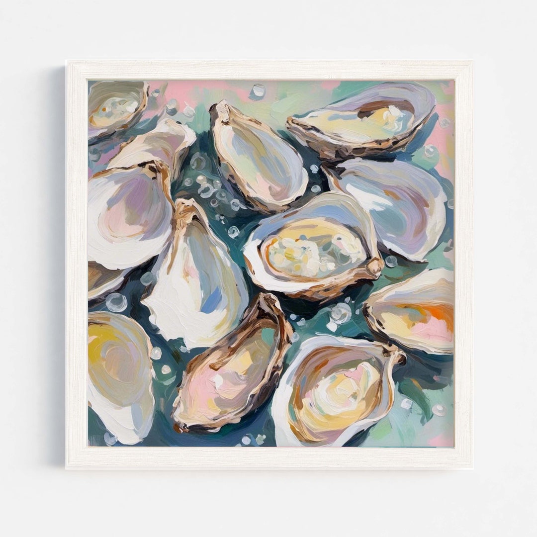 Pastel Colorful Oyster Shell Painting, Beach House Kitchen Art Print ...