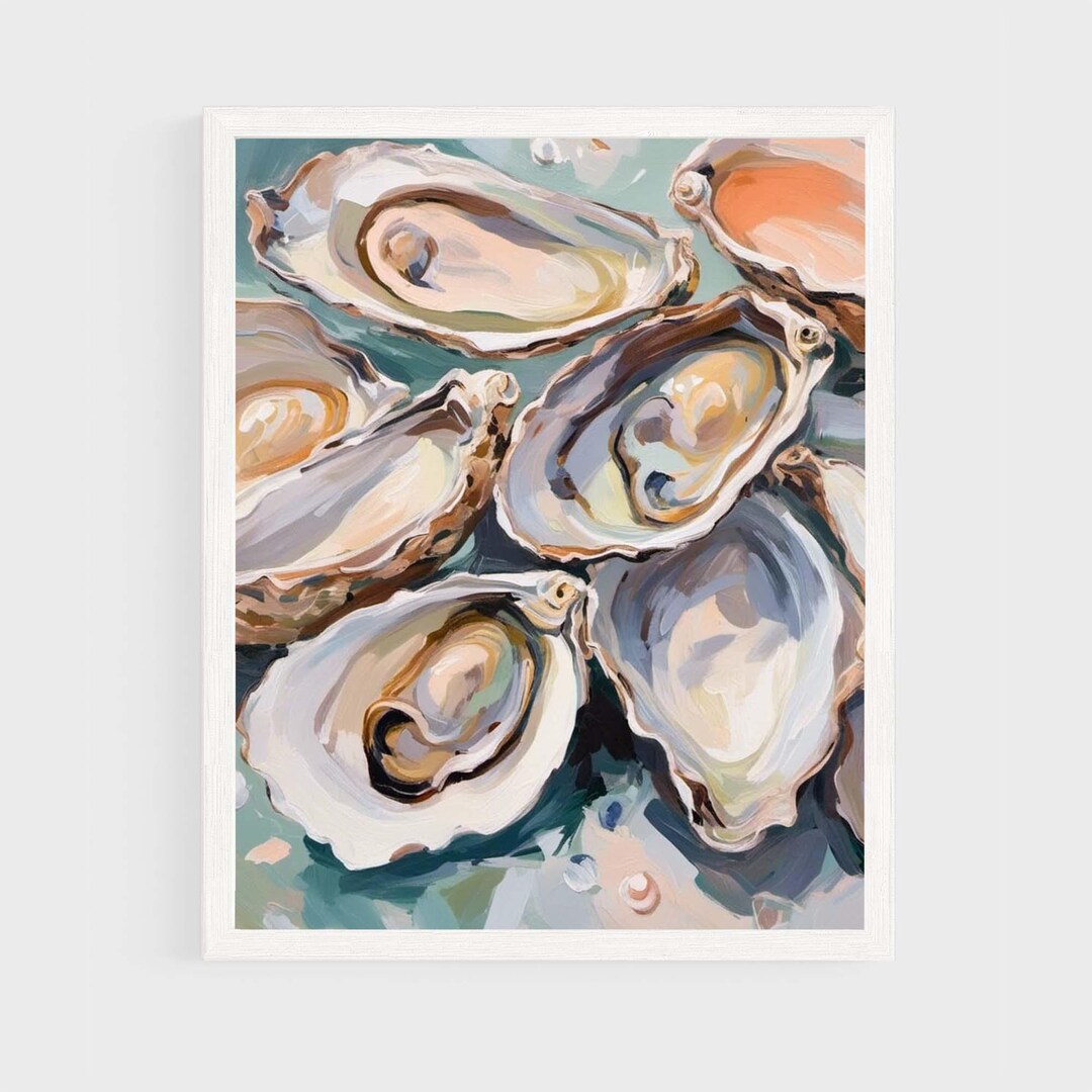 Neutral Oysters Wall Art, Peach Coastal Oil Painting Print #NC45 ...