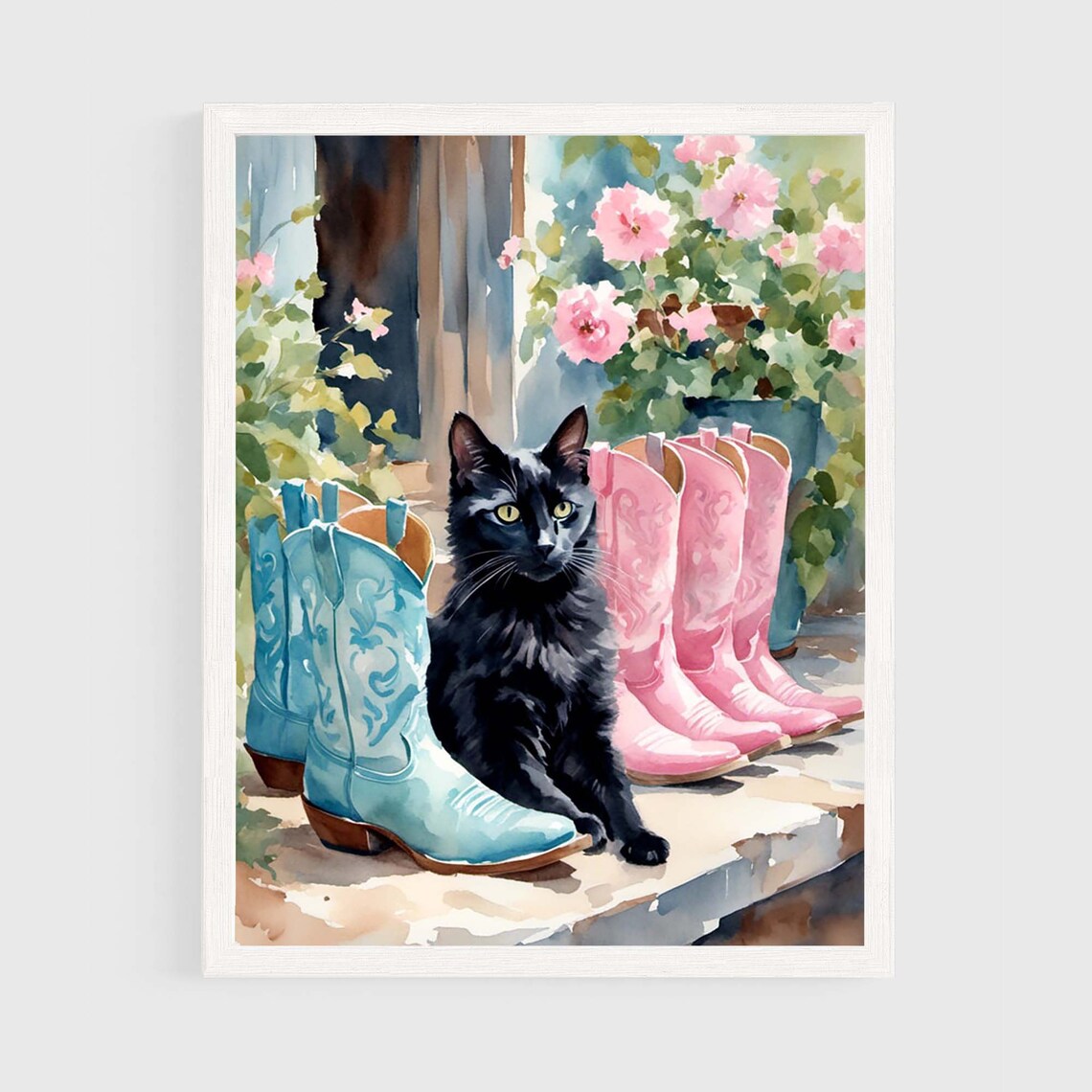 Cowboy Boots and Black Cat Painting Pastel Pink Wall Art Print ...