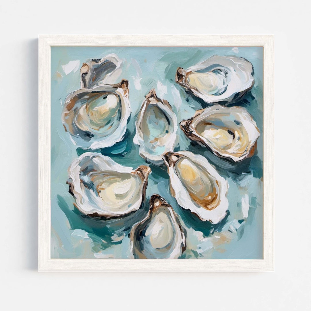 Pastel Blue Oyster Shell Painting, Beach House Kitchen Art Print ...