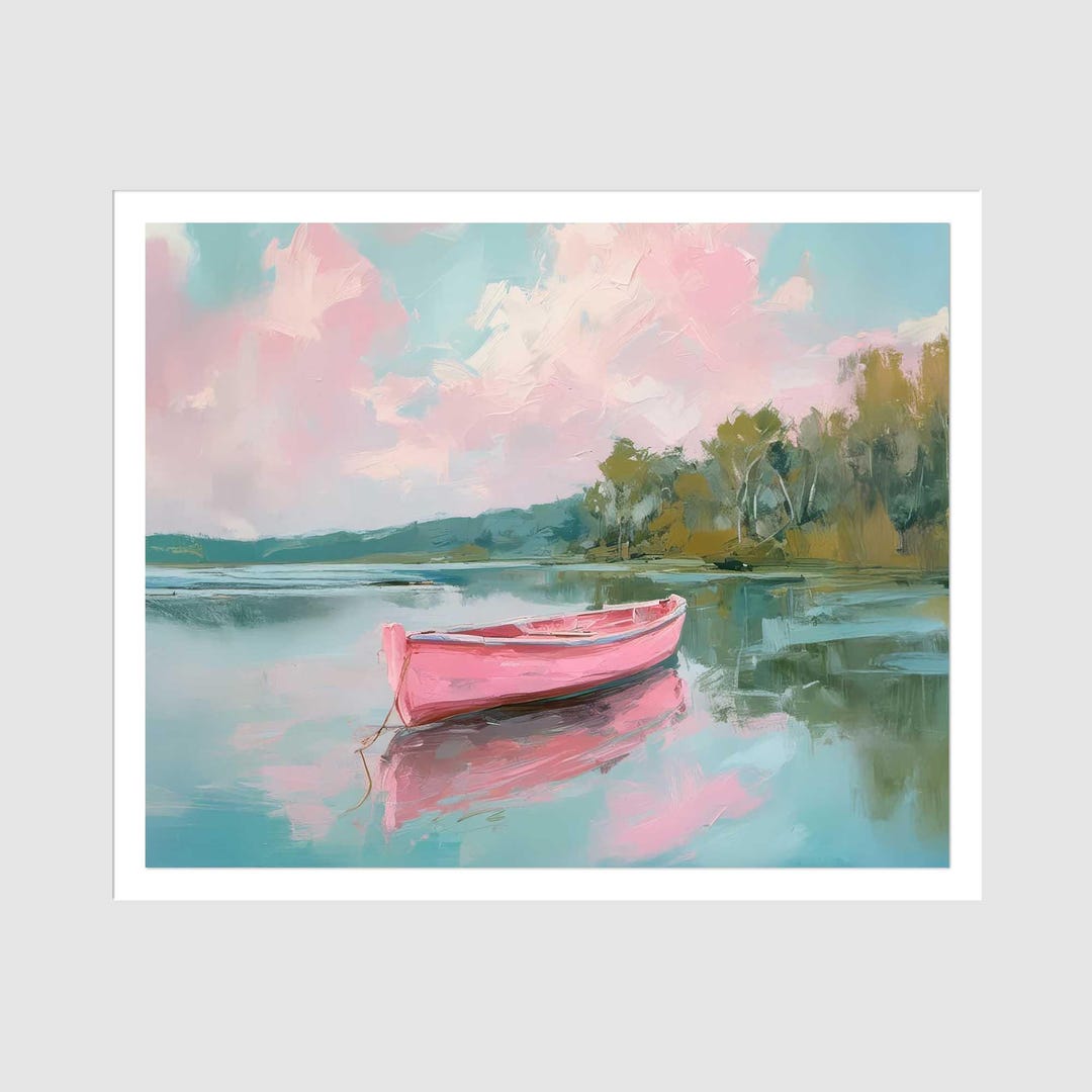 Pink Row Boat Painting | Horizontal Coastal Beach Art Print | Summer ...