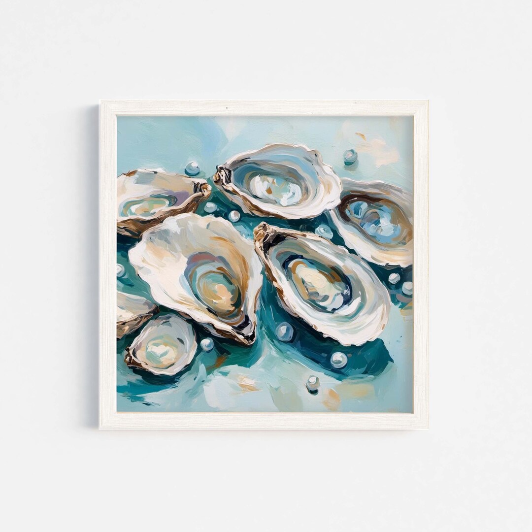 Pastel Blue Oyster Shell Painting | Beach House Kitchen Art Print ...