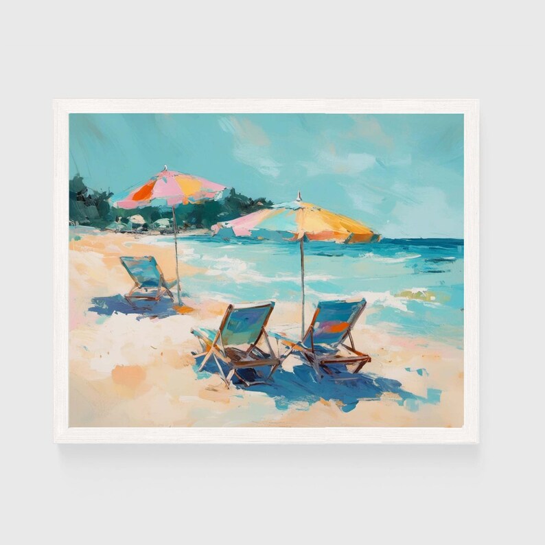Blue Coastal Summer Wall Art Print Vacation Beach Umbrella Painting Happy Summer Instant Digital ...