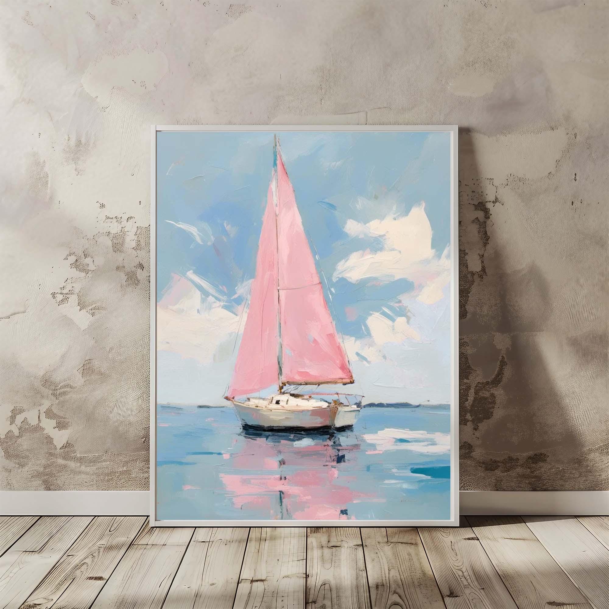 Pastel Pink Sailboat Painting, Coastal Summer Boat Wall Art Print ...