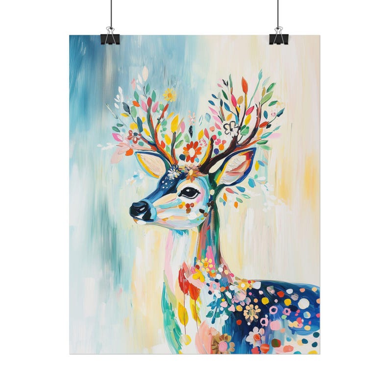 Boho Floral Deer Art Print, Abstract Scandinavian Design, Colorful ...