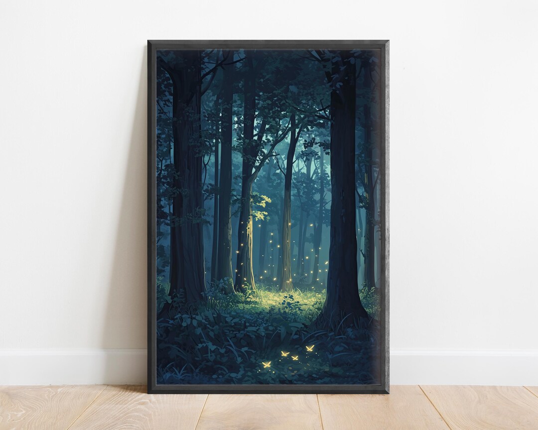 Serene Twilight Forest Poster, Enchanting Nighttime Scene With Glowing ...