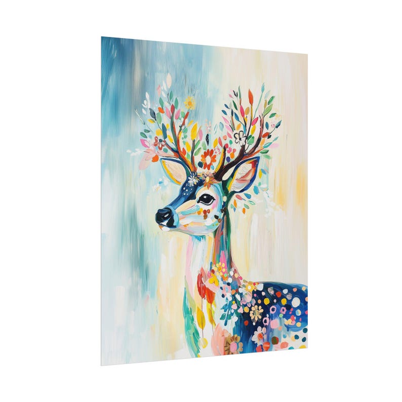 Boho Floral Deer Art Print, Abstract Scandinavian Design, Colorful ...
