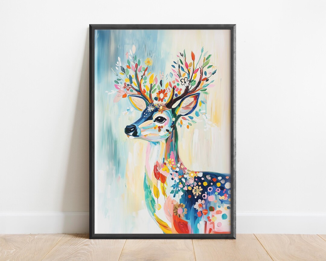 Boho Floral Deer Art Print, Abstract Scandinavian Design, Colorful ...