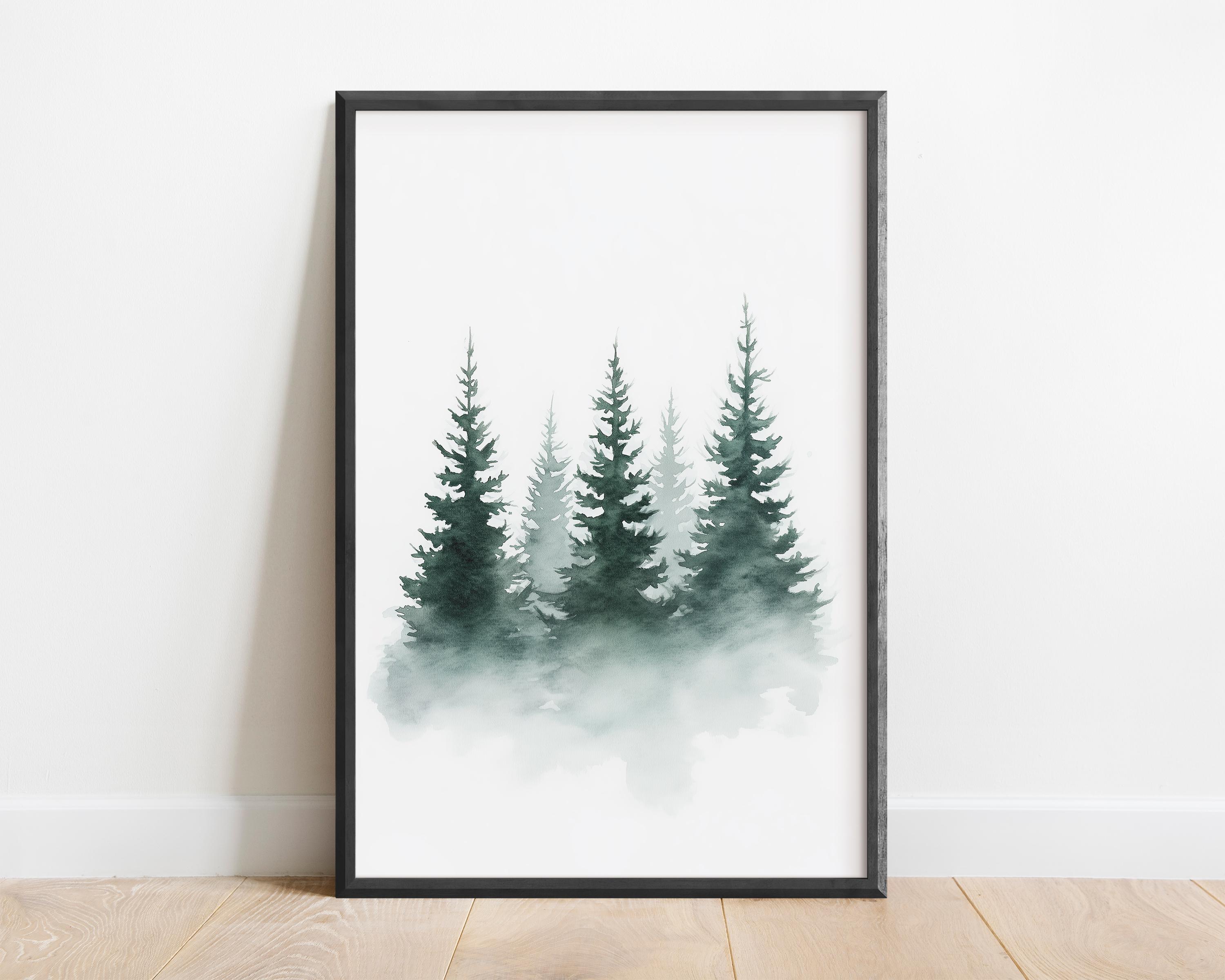 Minimalist Watercolor Pine Trees Poster, Abstract Nature Art, Green and ...