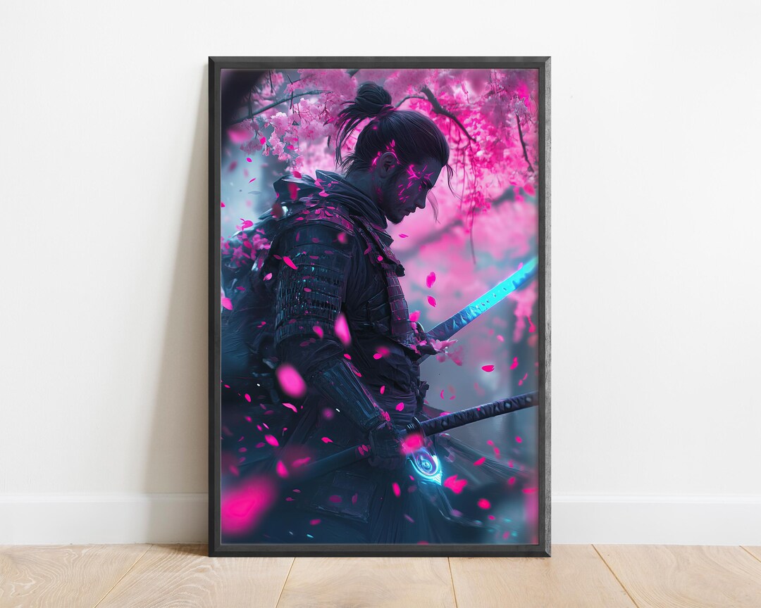 Cyberpunk Samurai Poster, Neon Pink and Blue Wall Art, Cherry Blossom ...