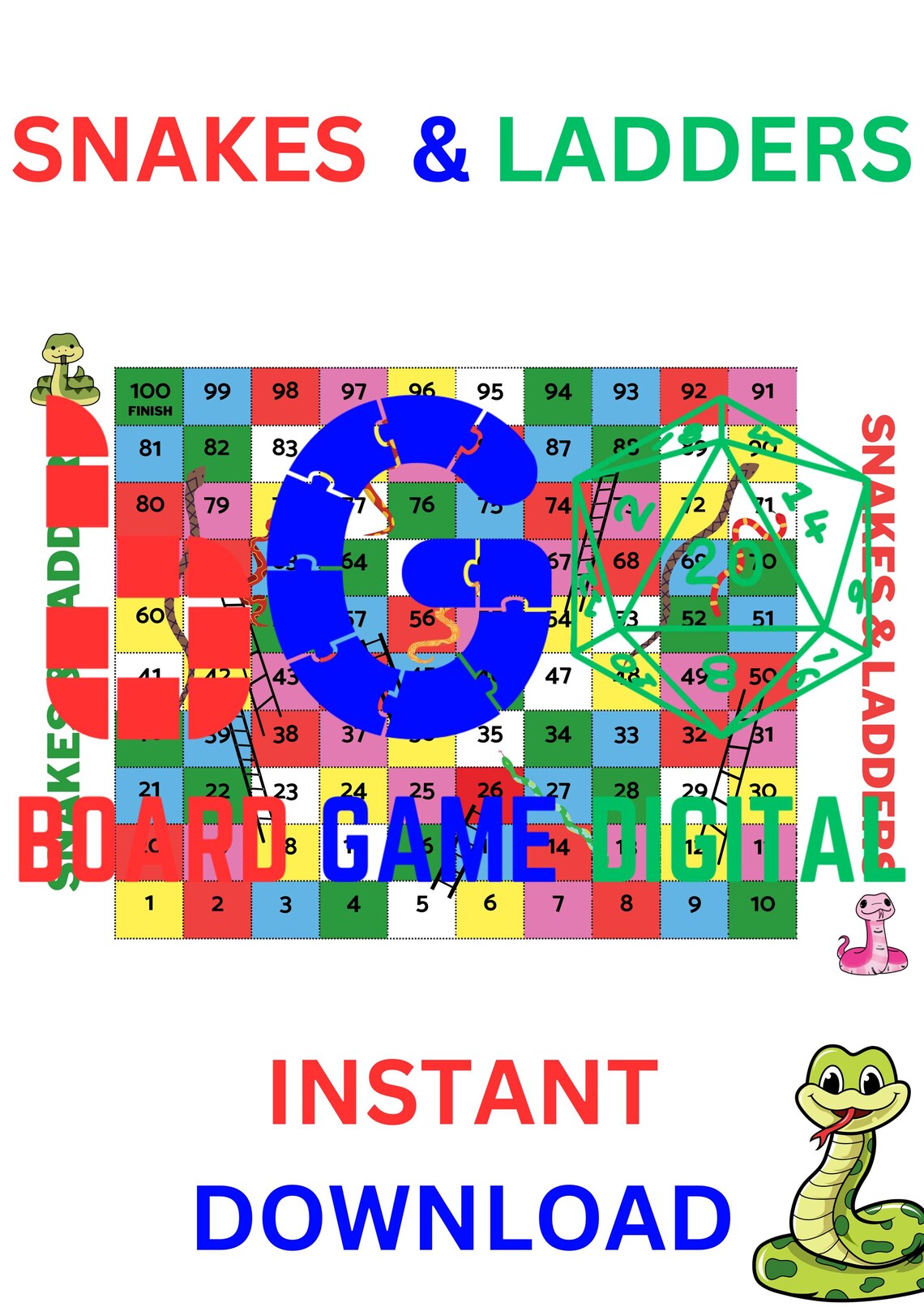 Colourful SNAKES & LADDERS digital Download A4 Print and Play - Etsy